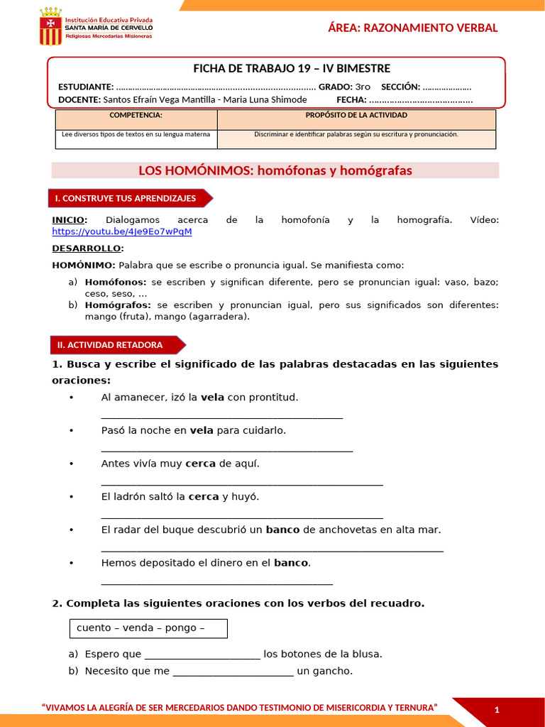 AAPREND_1_IVBIM_RV_-_PRACTICAMOS_CON_LOS_HOMOGRAFOS_Y_HOMOFONOS | PDF