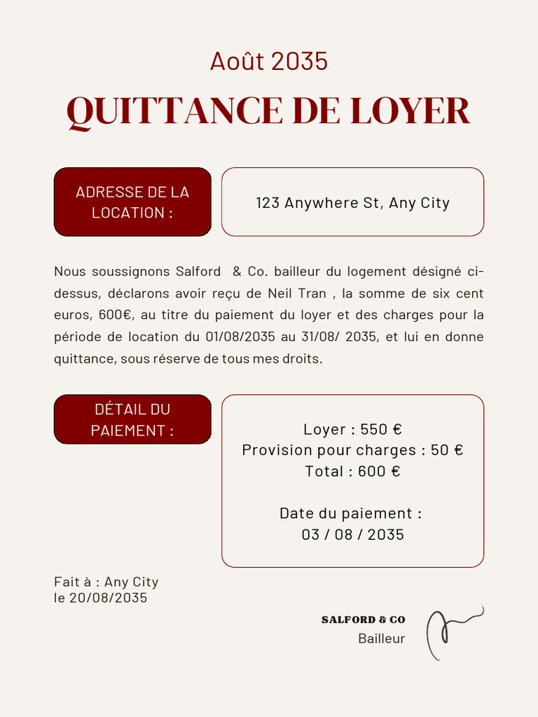 Quittance de loyer d'août 2035 | PDF