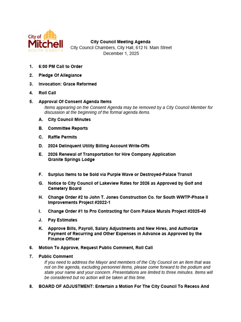 Dec. 1 2025 Mitchell City Council Meeting Agenda | PDF | Taxes | Zoning