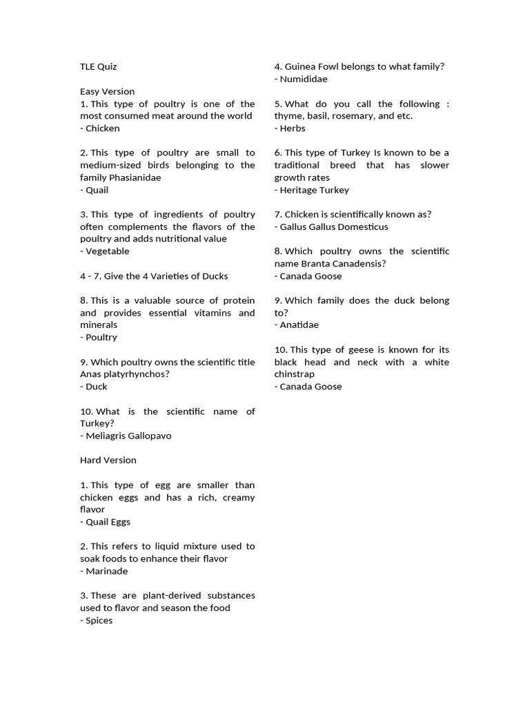 Poultry and Egg Quiz Questions | PDF