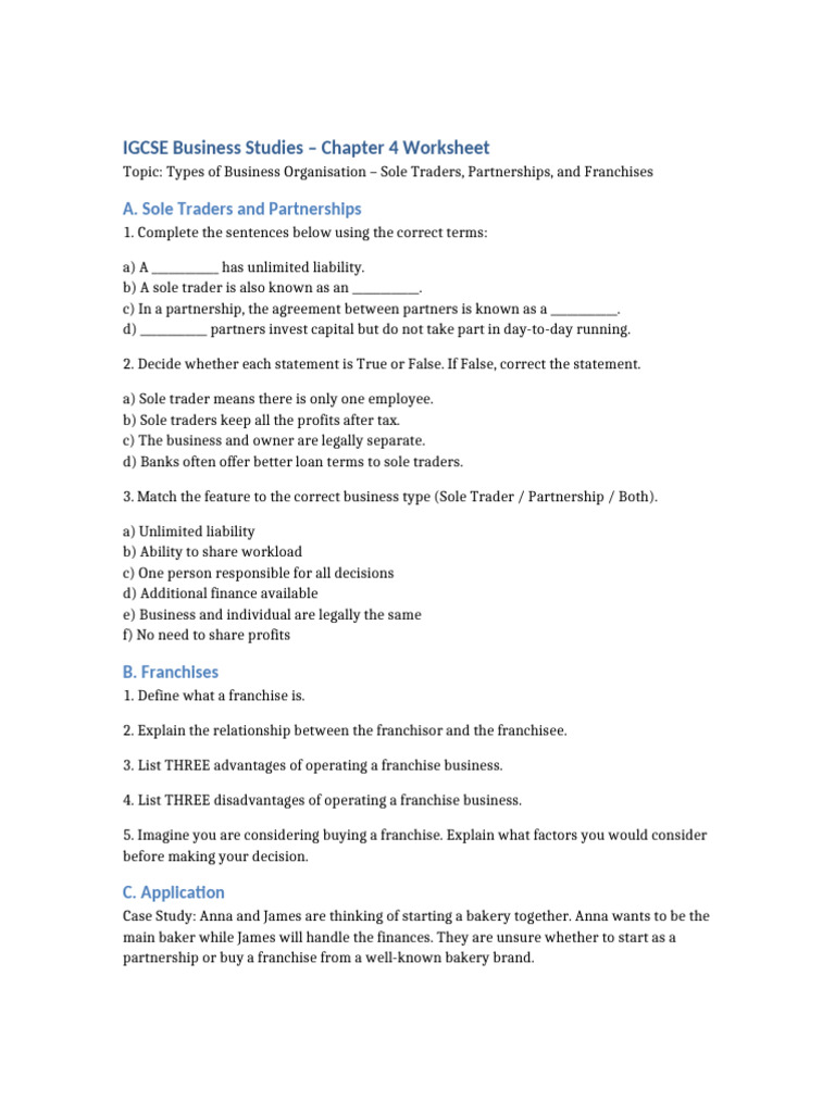 IGCSE Business Studies Ch4 Worksheet | PDF | Franchising | Sole ...