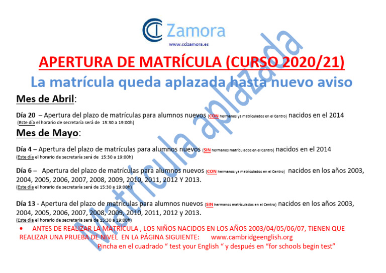 Matrícula Curso 2020/21: Fechas Clave | PDF