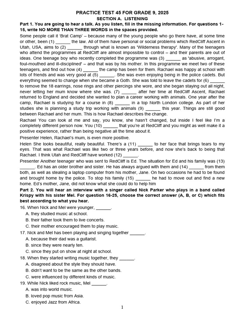 Grade 9 Practice Test 2025: Listening & Grammar | PDF | Grief