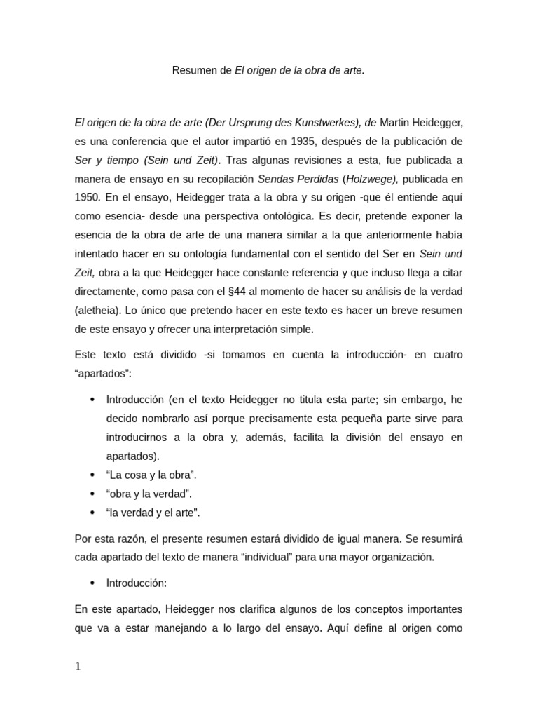 Resumen de "El origen de la obra de arte" | PDF | Verdad | Martin Heidegger