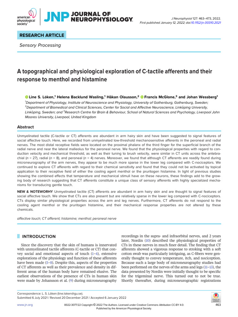 A Topographical and Physiological Exploration of C-Tactile Afferents ...