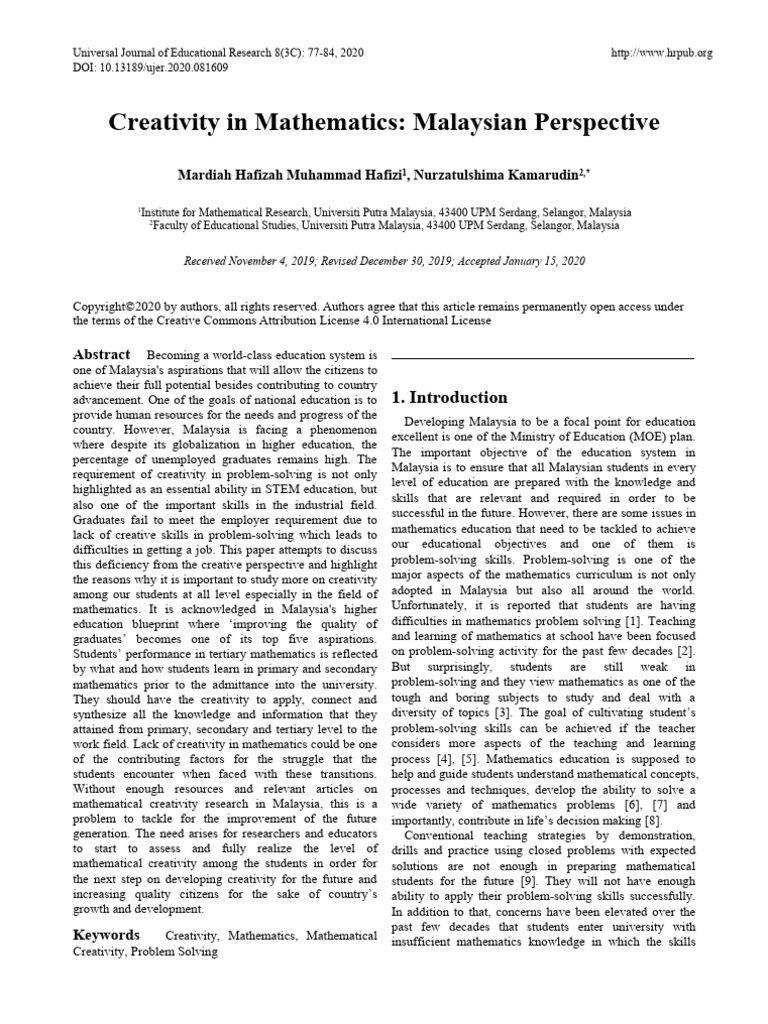 200 Creativity in Mathematics Malaysian Perspective | PDF | Creativity ...