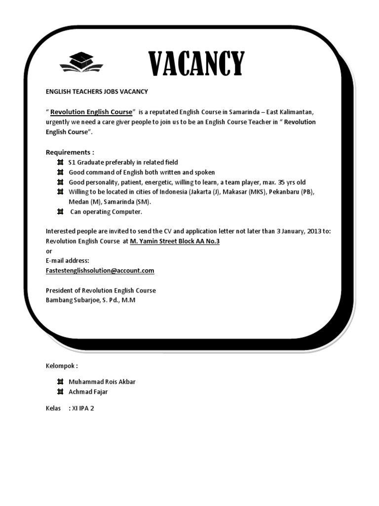 English Teacher Vacancy in Samarinda | PDF