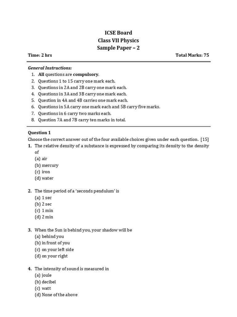 ICSE Class 7th Physics 2019 Set 2 Sample Paper | PDF | Mirror ...