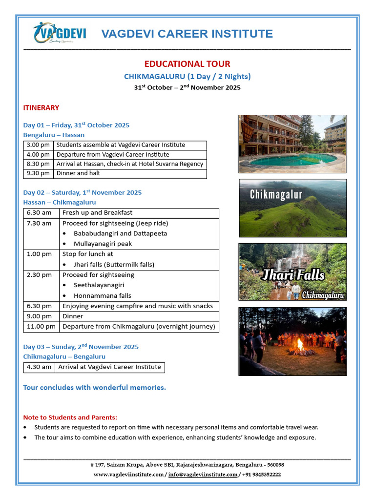 Vagdevi Institute Educational Tour Itinerary | PDF