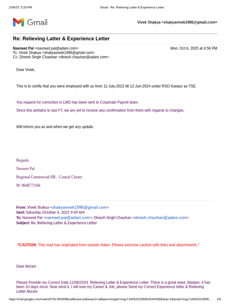 Gmail - Re_ Relieving Latter & Experience Letter | PDF
