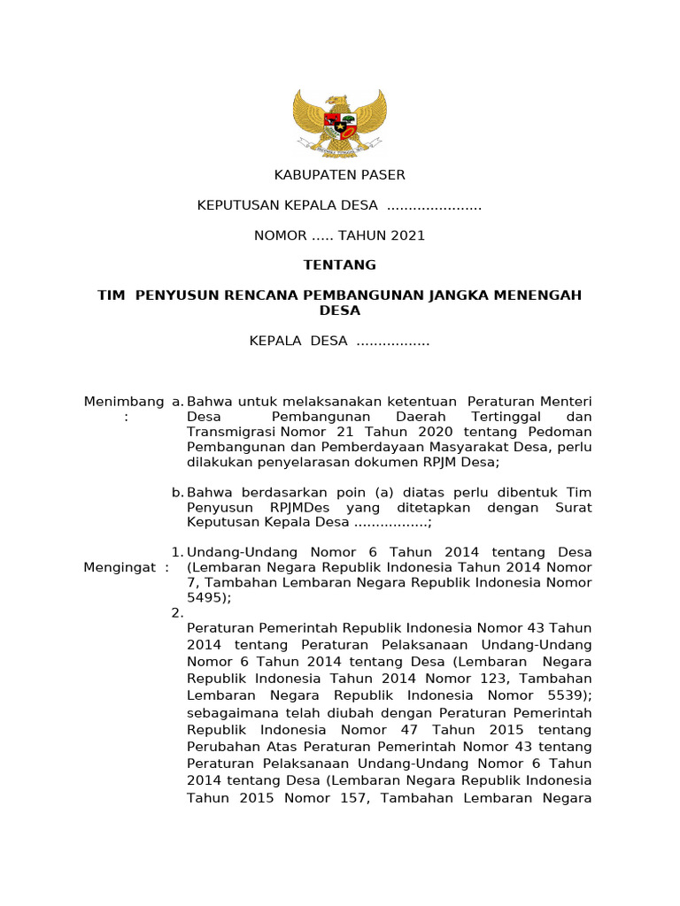 Tim Penyusun RPJM Desa Paser 2021 | PDF