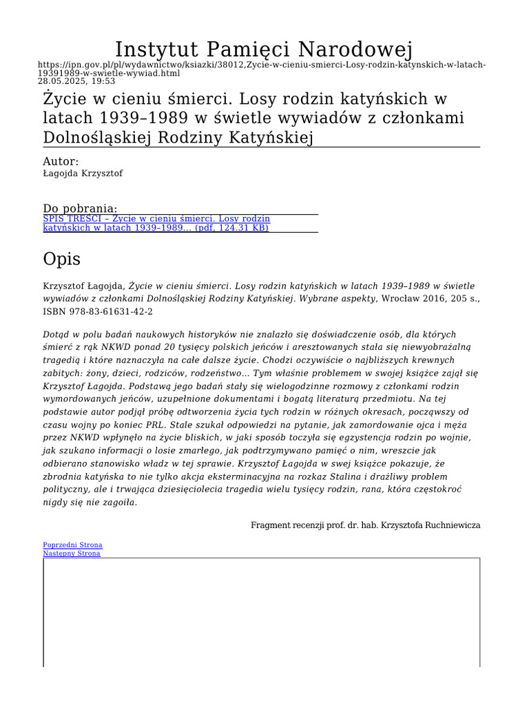Zycie w Cieniu Smierci Losy Rodzin Katynskich w Latach 19391989 w Swietle Wywiad | PDF