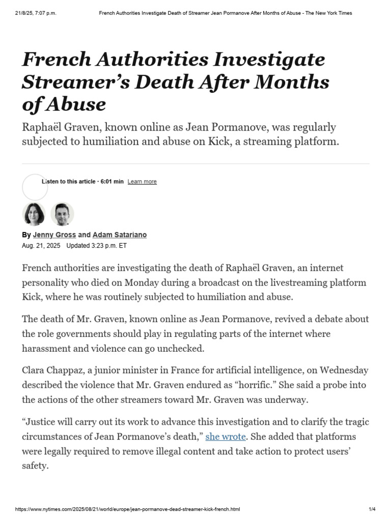 French Authorities Investigate Death of Streamer Jean Pormanove After ...