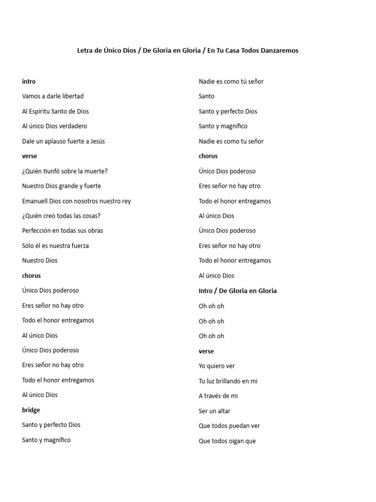 Letra de "Único Dios" y "De Gloria en Gloria" | PDF | Cristo (título)