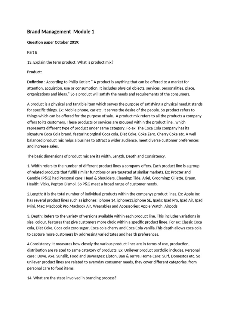 Brand Management Question Paper Questions For Module 1 | PDF | Brand ...