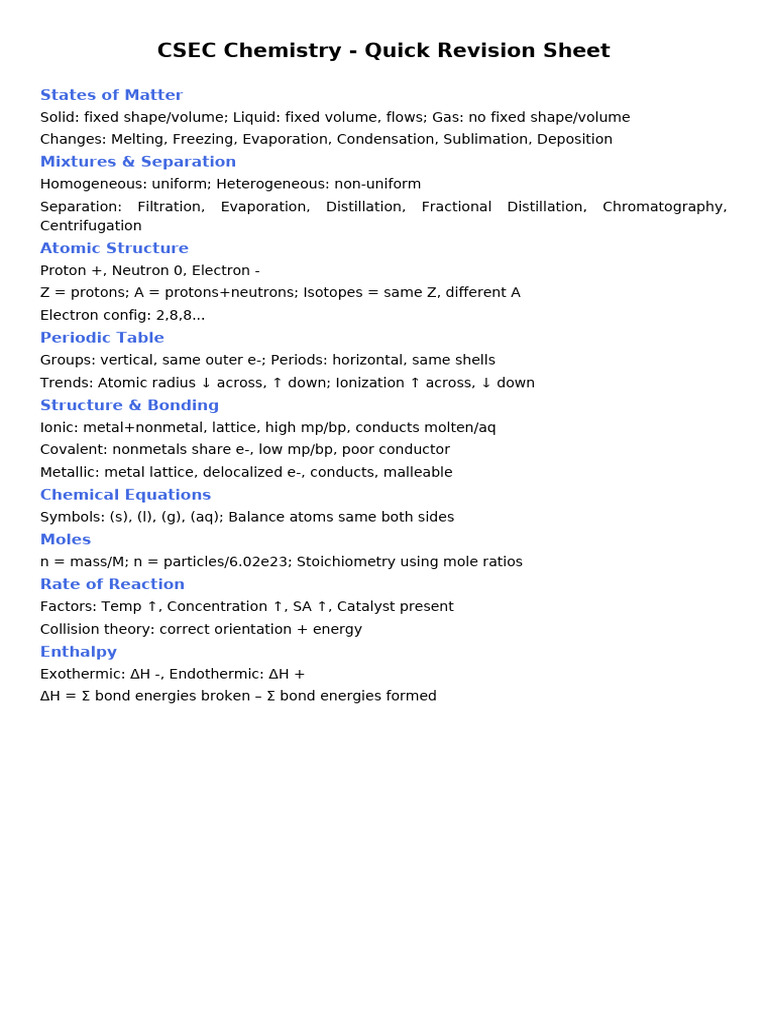 CSEC Chemistry Revision Guide | PDF
