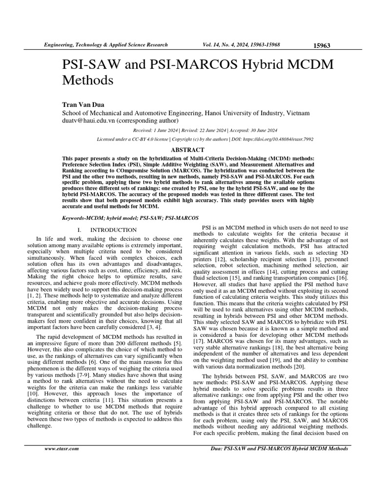 Psi-Saw and Psi-Marcos Hybrid MCDM Methods | PDF | Strength Of ...