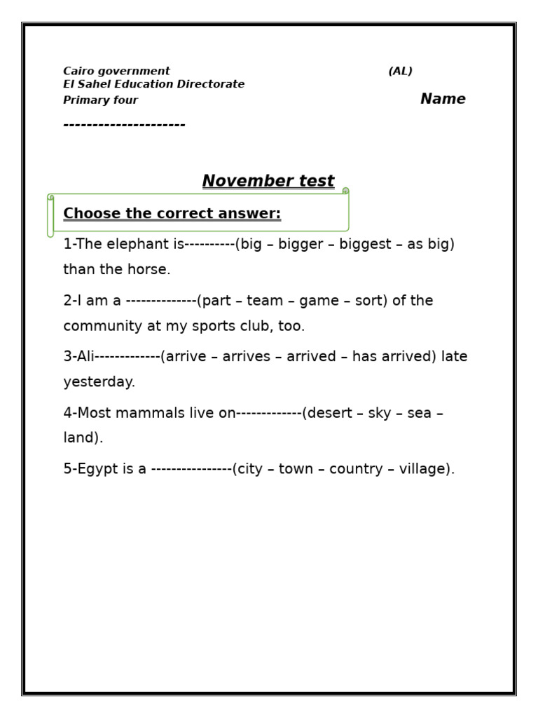 Primary Four November Test Questions | PDF