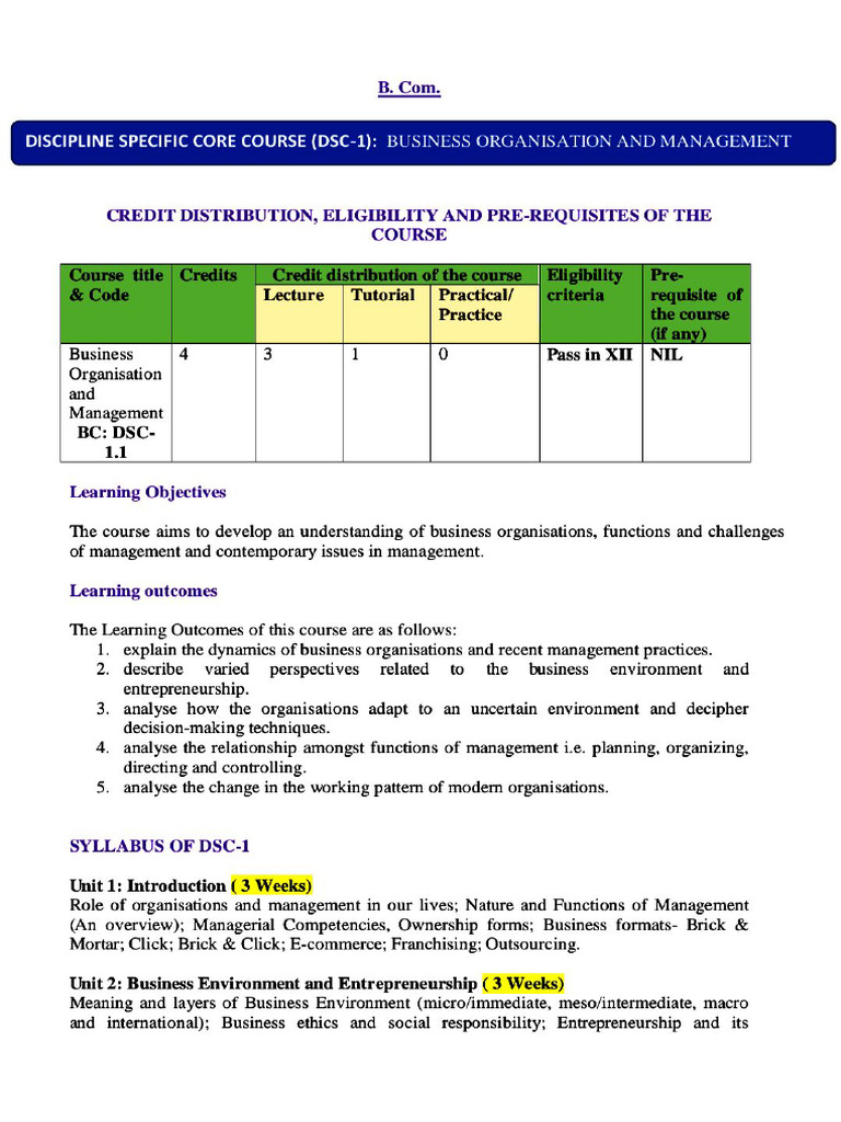 B Com, 1st Sem Syllabus | PDF
