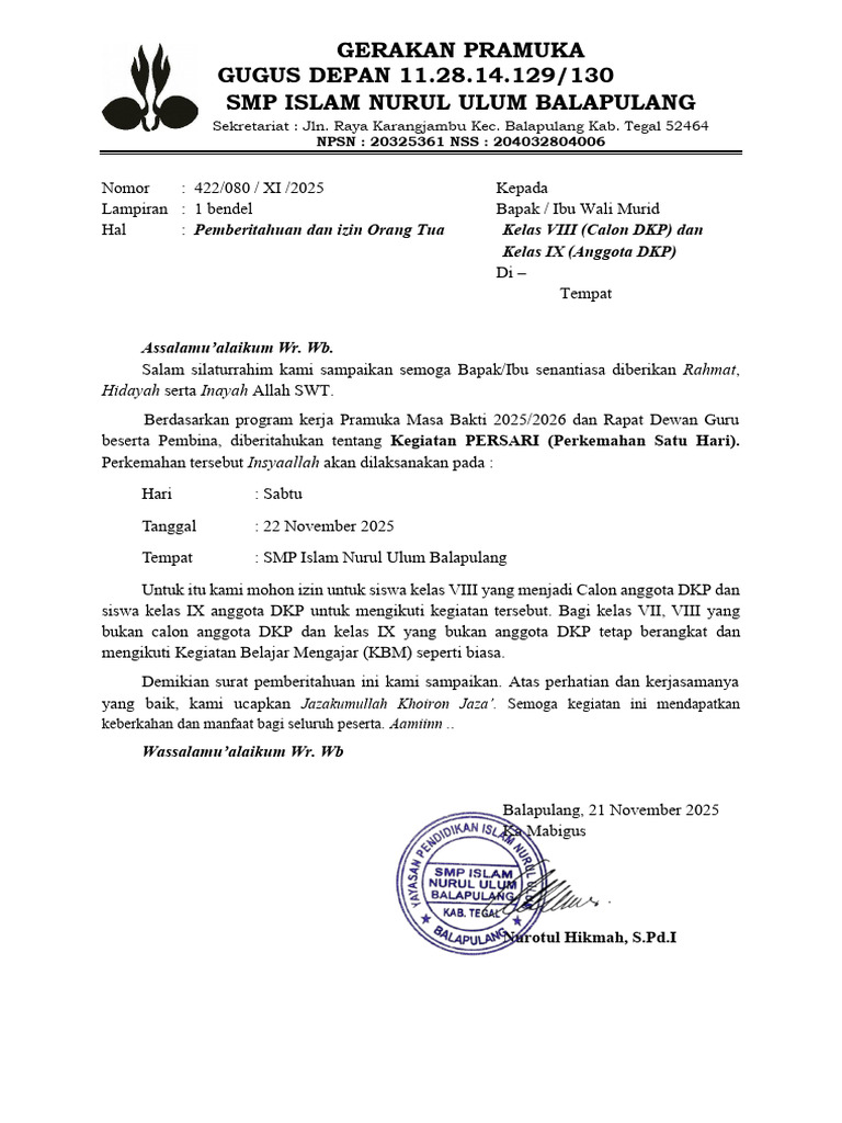 Pemberitahuan Pramuka Persari Sabtu | PDF