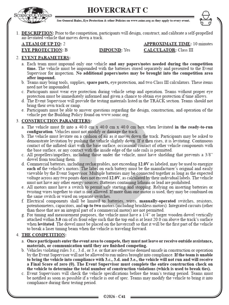 Science Olympiad Div C Rules 2026 for Hovercraft | PDF | Switch | Capacitor