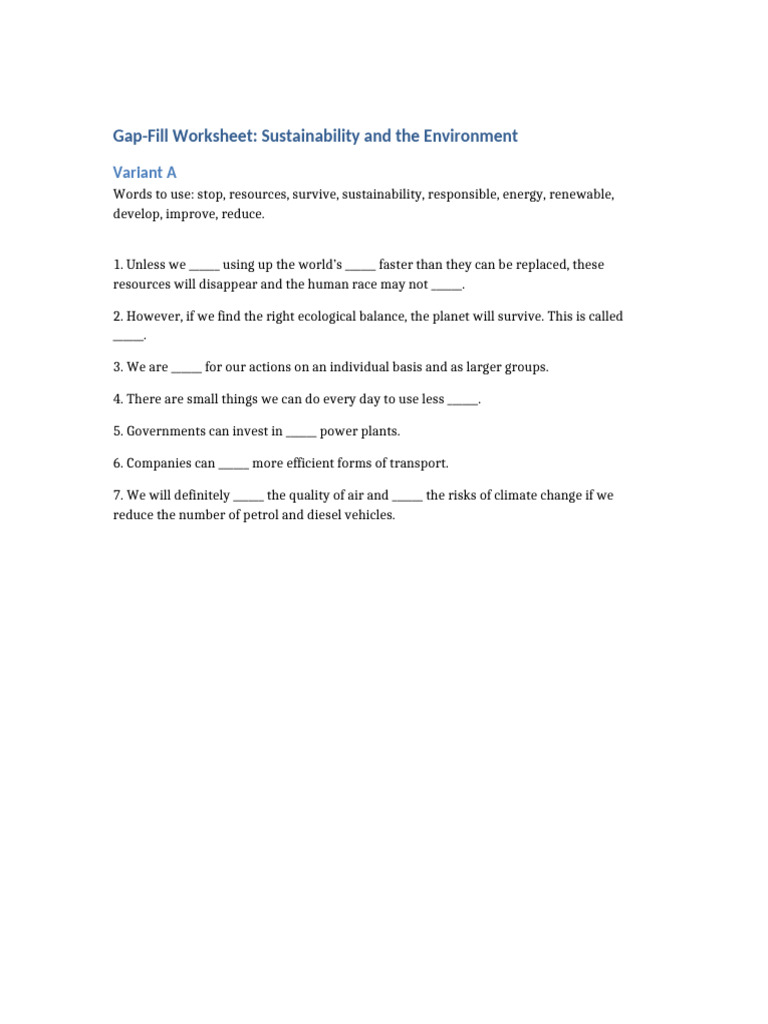 Sustainability Gap Fill Worksheet | PDF