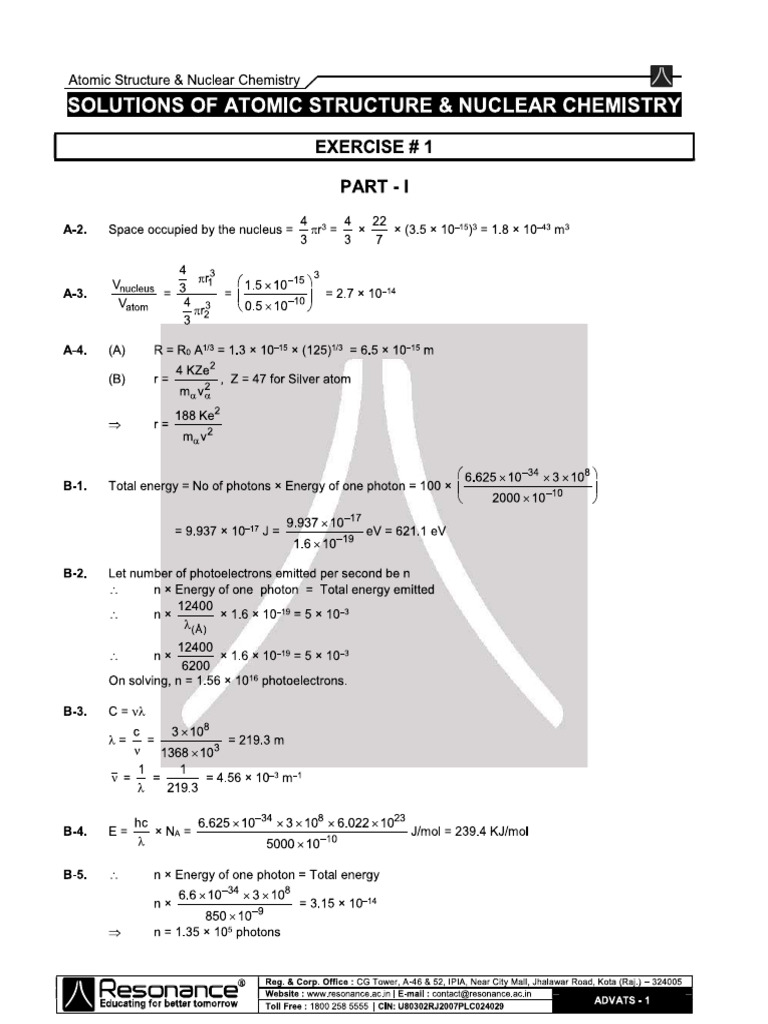 Atomic Structure Exercise Solutions | PDF