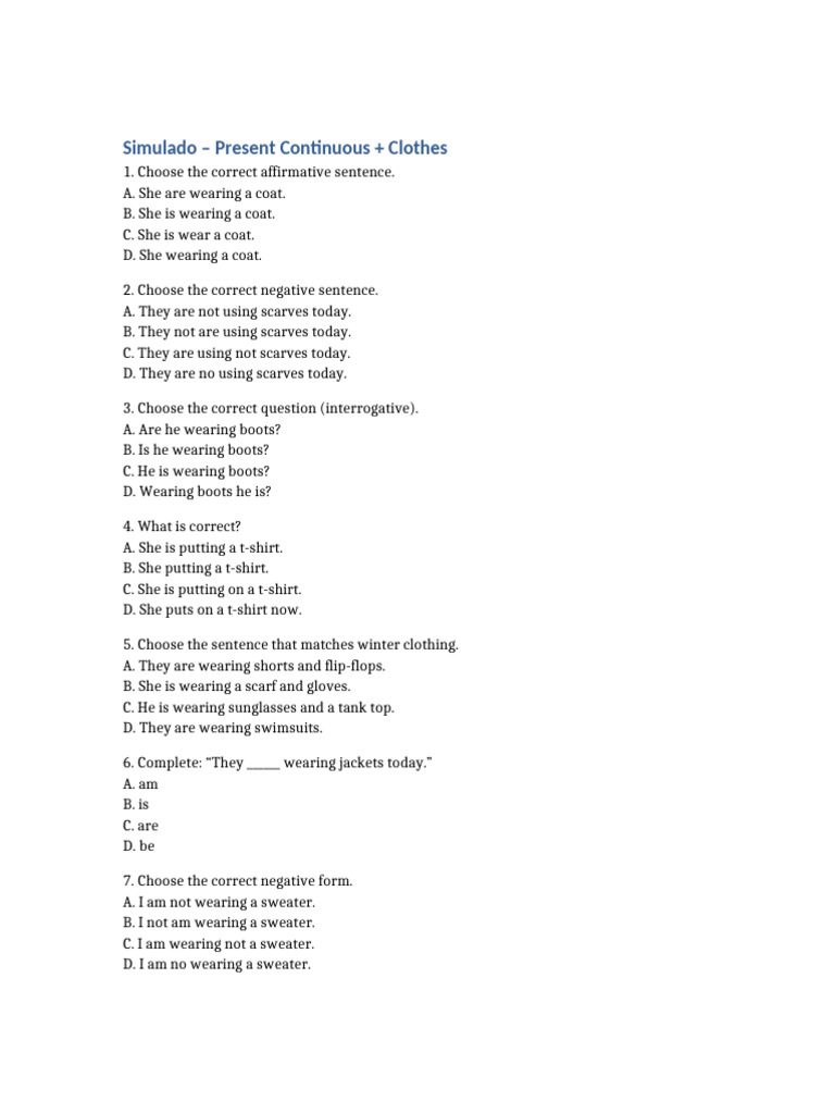 Simulado Present Continuous Clothes | PDF | Dress | Scarf