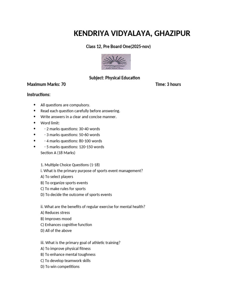 12th Phy Edu Pre Board 25 | PDF | Physical Fitness | Psychology