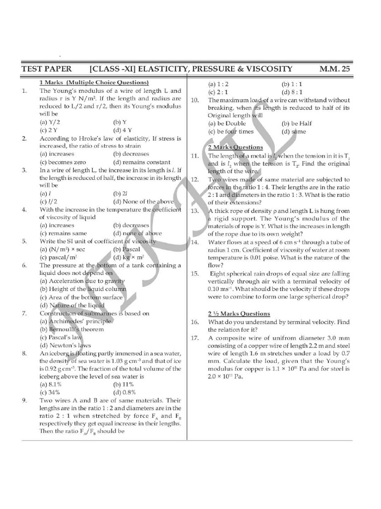 Class XI Elasticity, Pressure & Viscosity | PDF