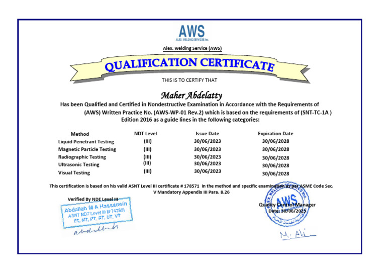 Nondestructive Examination Certification | PDF
