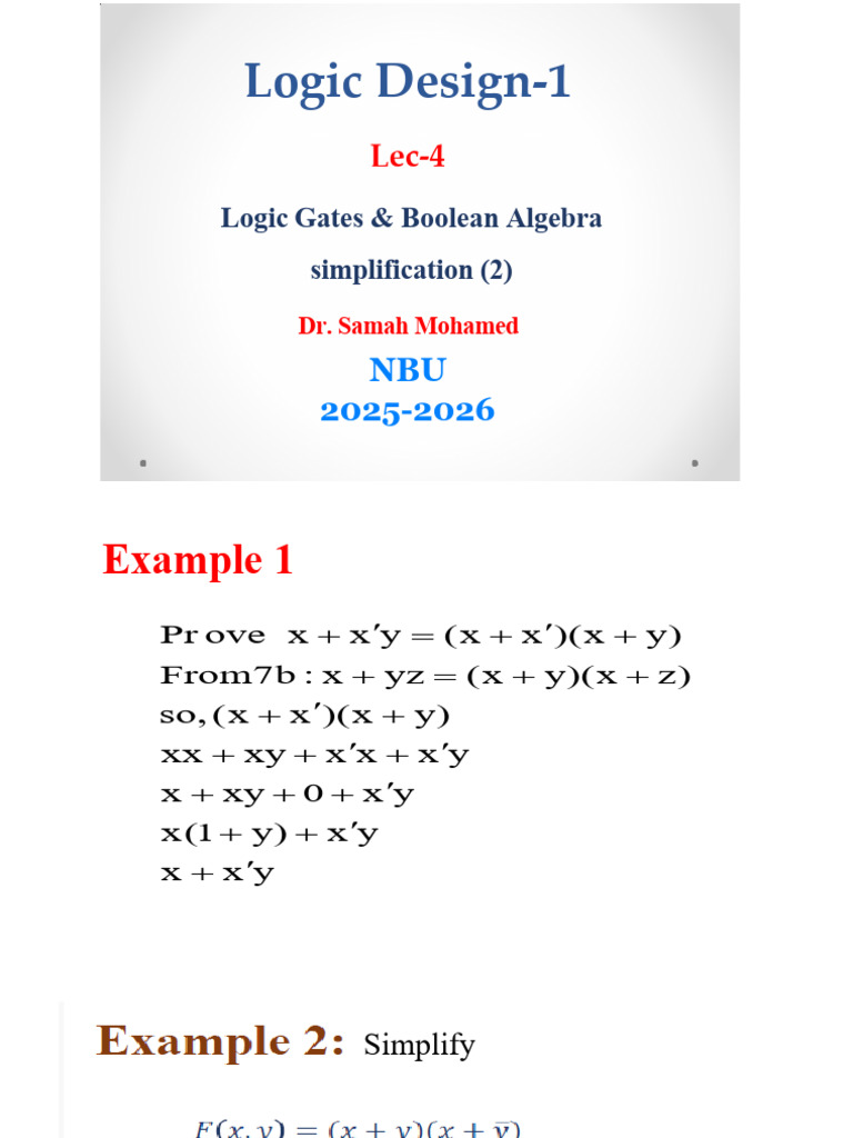 Lec. 4-Logic Gates Boolean Algebra Simplification 2_نسخة (1) | PDF