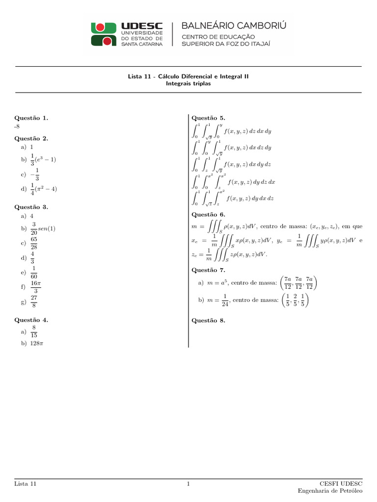 Lista 11 Calc II Gabarito | PDF | Xadrez