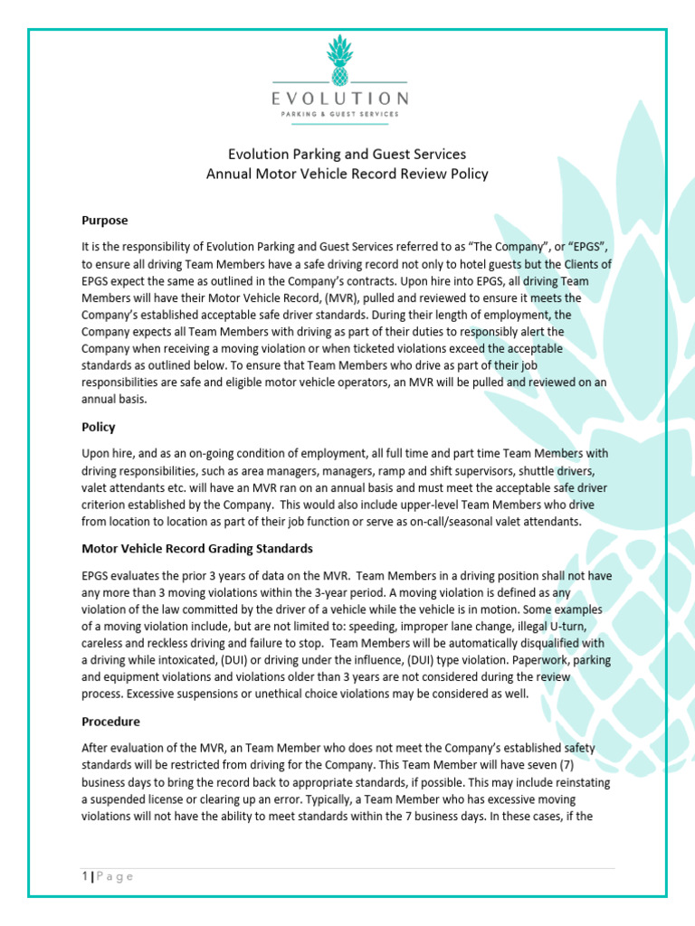 Annual MVR Review Policy for Drivers | PDF | Driving Under The ...