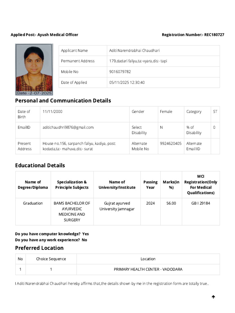 Ayush Medical Officer Application: Aditi Chaudhari | PDF | Health ...