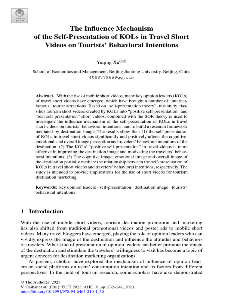 The Influence Mechanism of The Self-Presentation of Kols in Travel ...