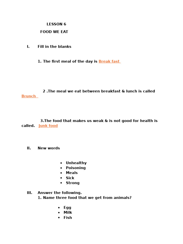 Food We Eat Lesson 6 Grade 1 | PDF