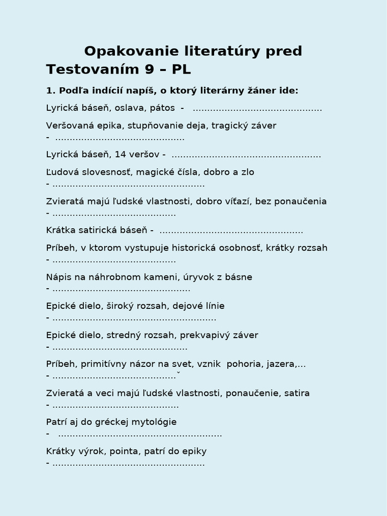 Opakovanie Literatury Pred Testovanim 9 - PL | PDF