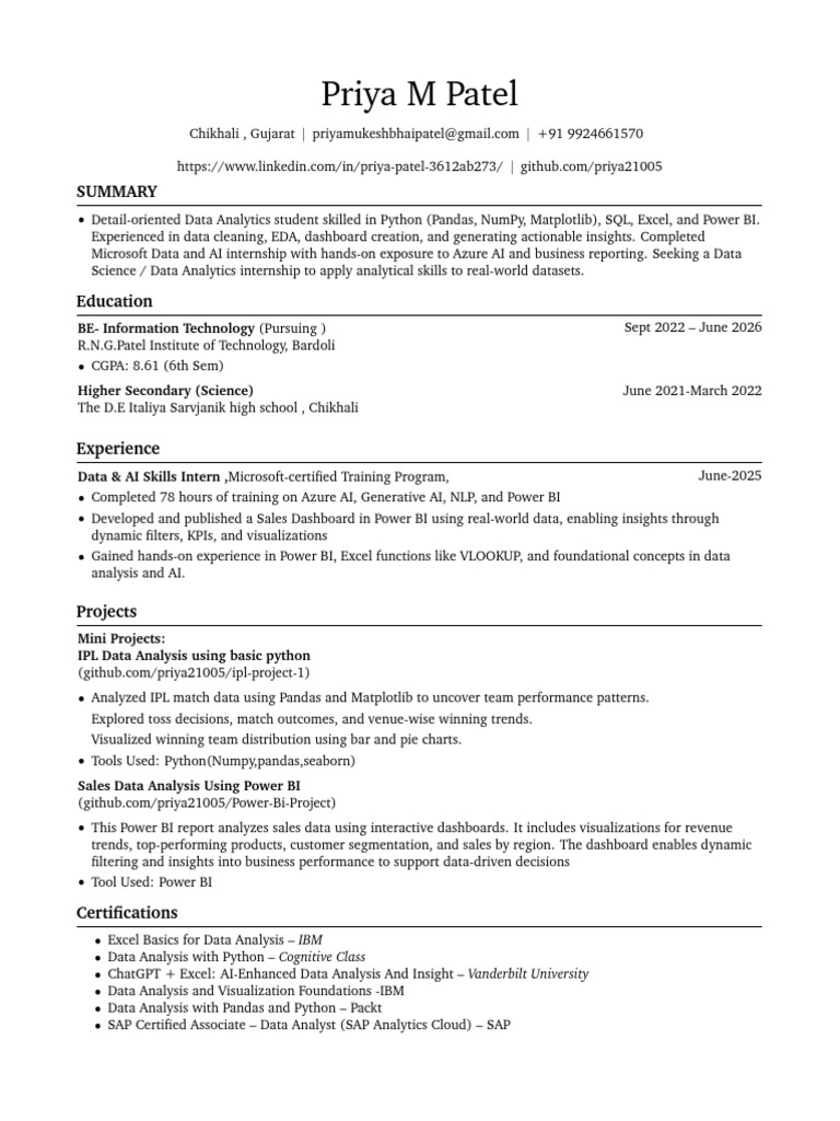 Priya Data Cv | PDF | Data Analysis | Data