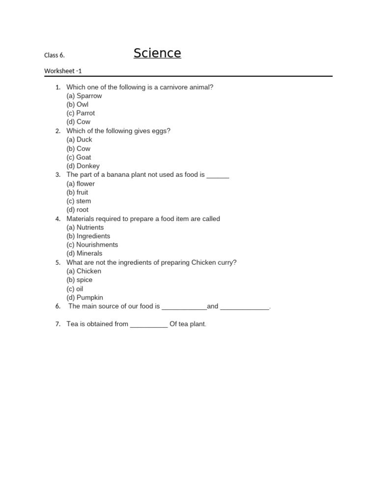 Science: Class 6. Worksheet - 1 1 | PDF
