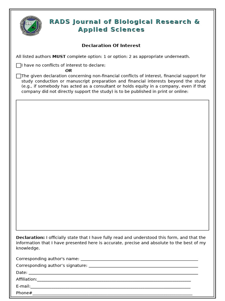 Declaration of Interest Form for Authors | PDF
