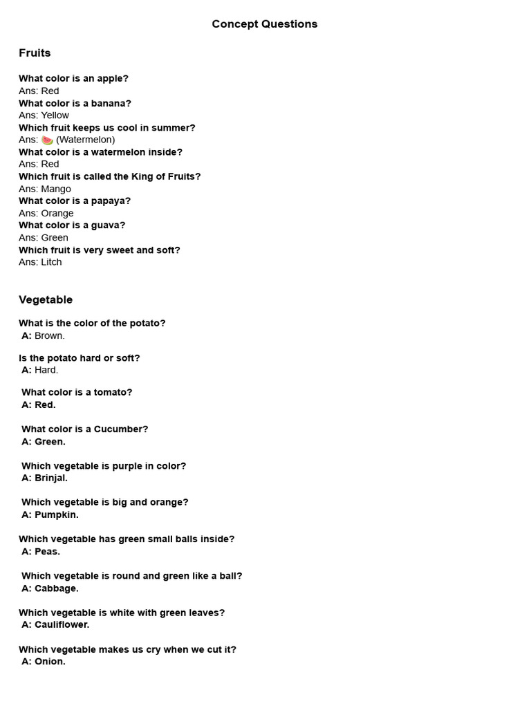 Fruit and Vegetable Color Questions | PDF