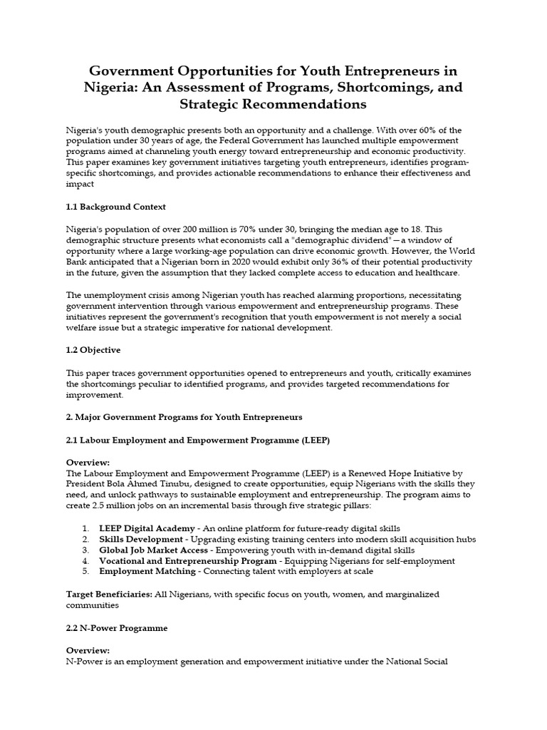 Government Opportunities For Youth Entrepreneurs in Nigeria | PDF ...