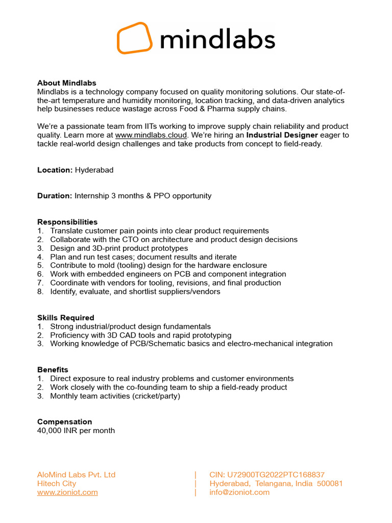 Mindlabs - Industrial Designer Internship | PDF