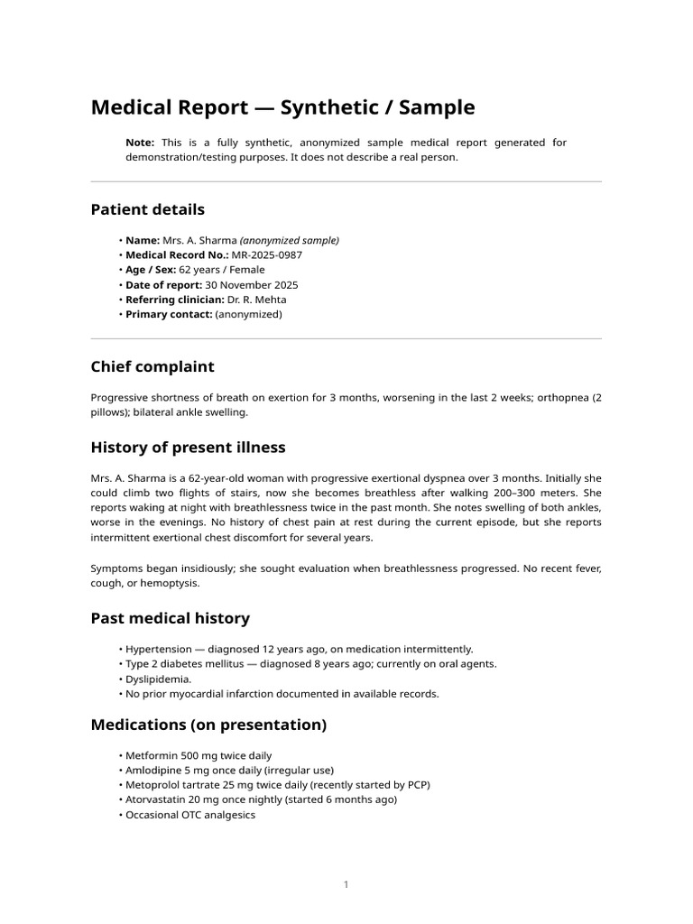 Medical Report Female Heart Disease (Synthetic Sample) | PDF | Heart ...