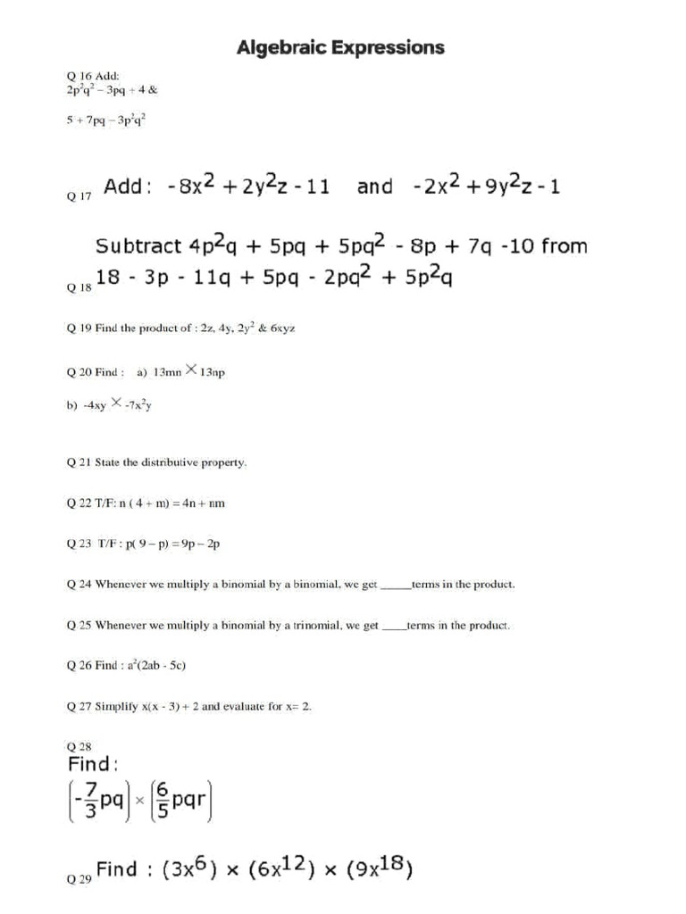 Algebraic Expressions Practice | PDF