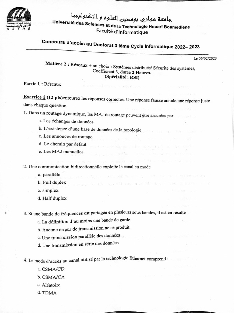 Epreuves Spec RSD Concours de Doctorat USTHB 2022-2023 (Tchi Drive) | PDF