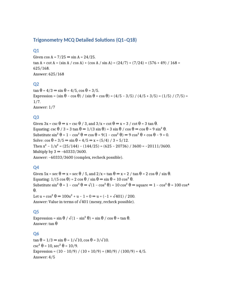 Trigonometry MCQs with Solutions Q1-Q18 | PDF | Trigonometric Functions ...