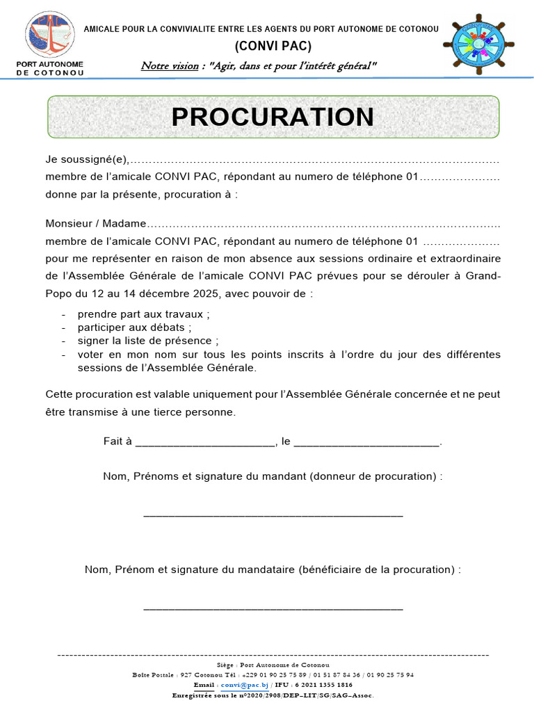 Procuration pour Assemblée Générale CONVI PAC | PDF