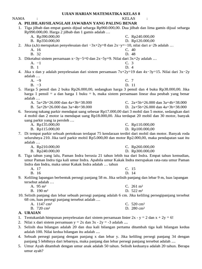 Ujian Harian Matematika Kelas 8 | PDF